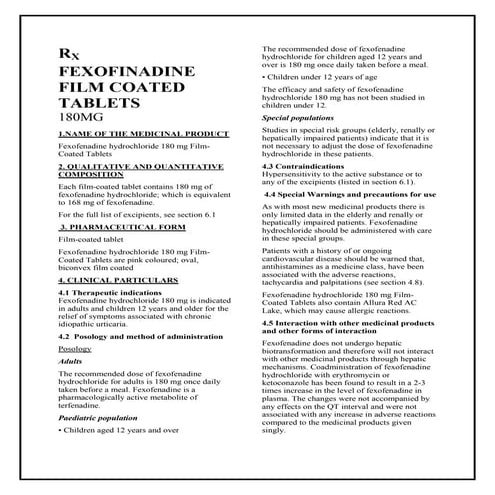 Fexofenadine hydrochloride 180 mg film coated tablets smpc- taj ...