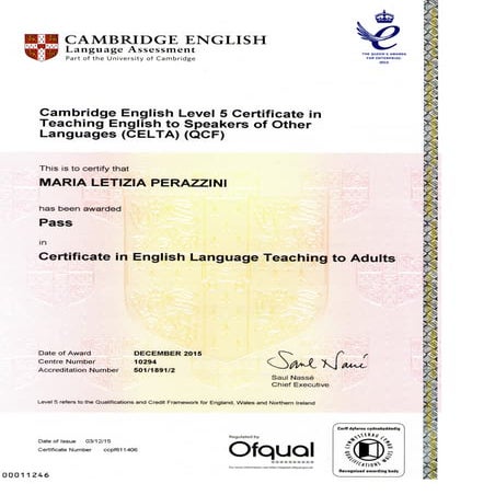 Perazzini Cambridge CELTA Certificate | PDF