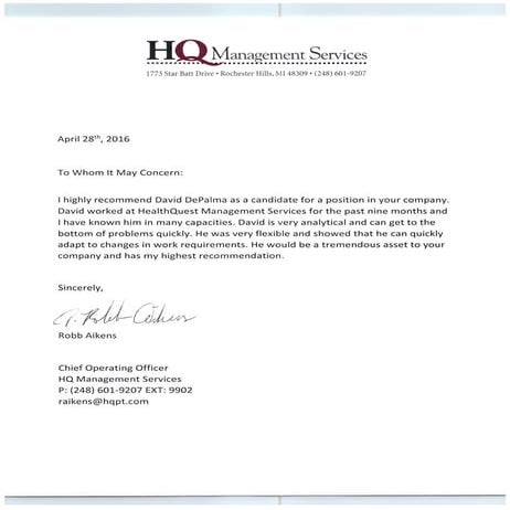 Reference Letter from Robb Aikens - Chief Operating Officer | PDF