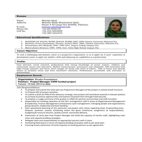 MONAZA_IQBAL_CV | DOC | Postgraduate Education | College Education