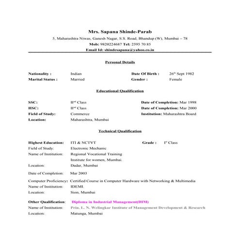 Sapana Resume | DOC | Careers