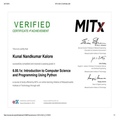 Certificate -- Dashamir Hoxha -- edX/MITx -- 6.00x Introduction to Co…
