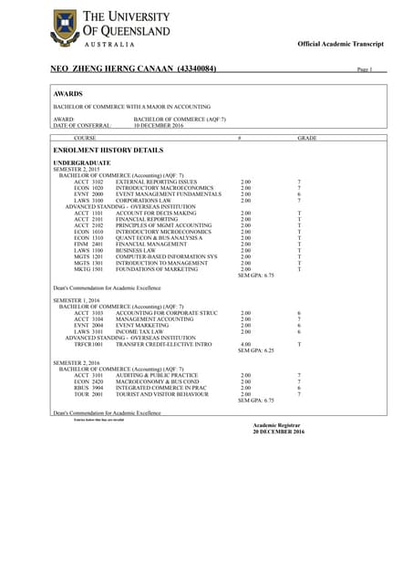 Official_Transcript_s4371513 | PDF | Undergraduate Education | College ...