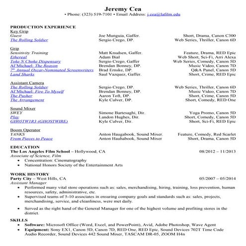 Jeremy Cea Production Resume | DOC