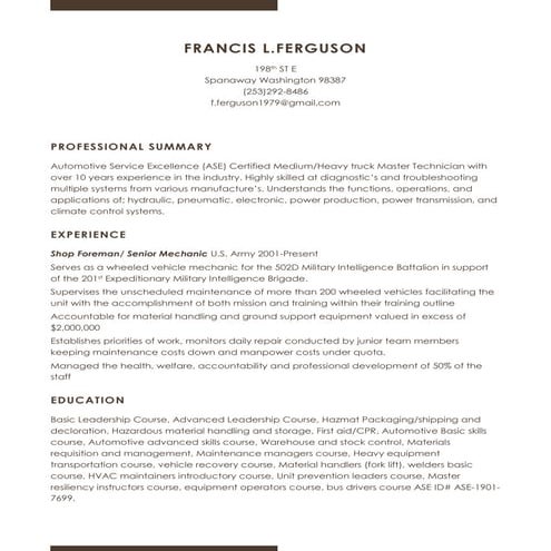 Frank Mechanic Resume | PDF