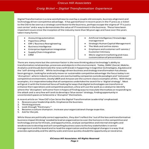 Craig Bickel - Digital Transformation Experience. | DOCX