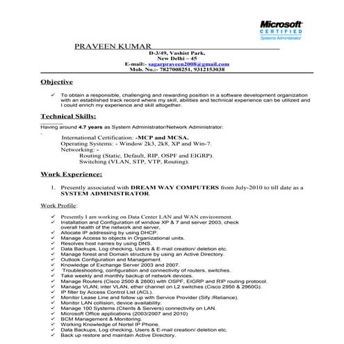 Praveen Resume | DOC | Computer Networking | Computing