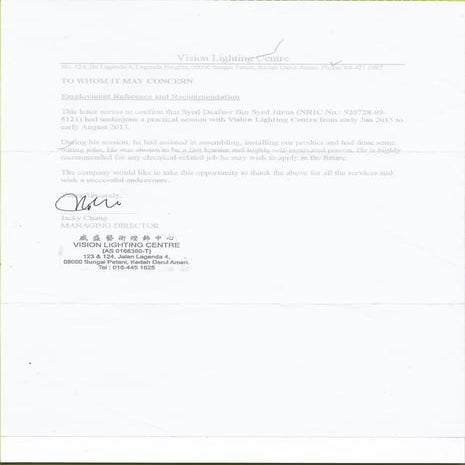 Vision Lighting Centre Recommendation Letter | PDF