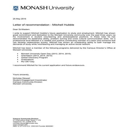 letter of recommedation Monash | PDF