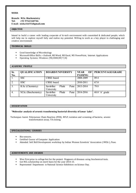 MSc fresher resume | DOC