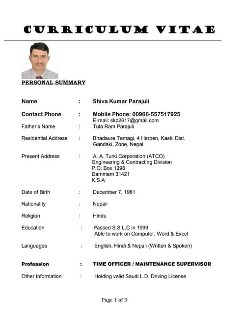 Ravinder kumar. timekeeper CV | PDF