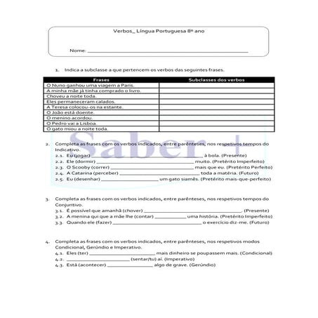 Ficha de trabalho verbos conjugação 7º | PDF