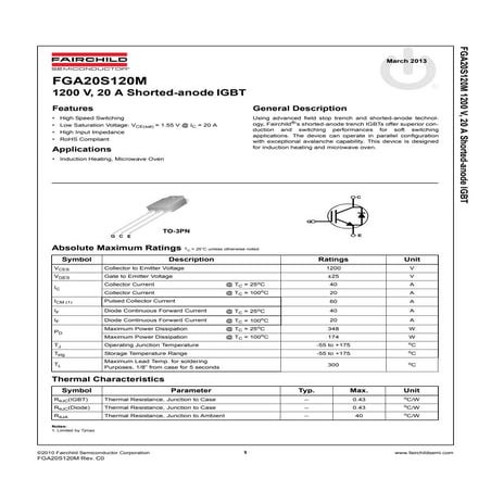 Original IGBT FGA20S120M FGA20S 20S120 20A 1200V TO-3P New | PDF