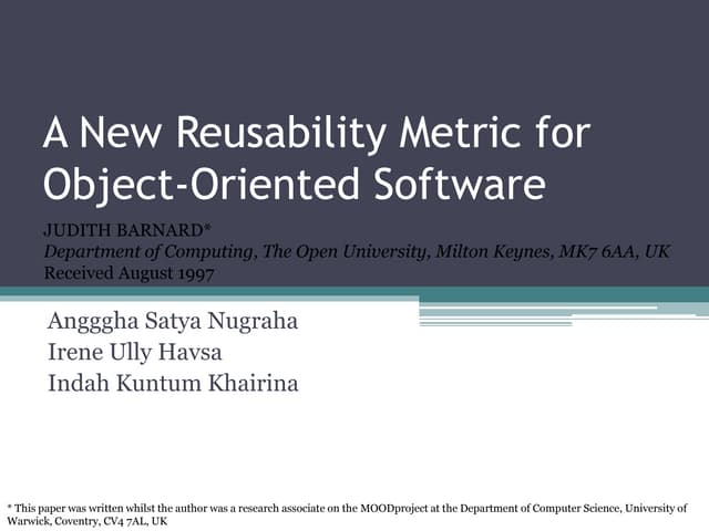 A New Reusability Metric For Object Oriented Software Ppt 1834
