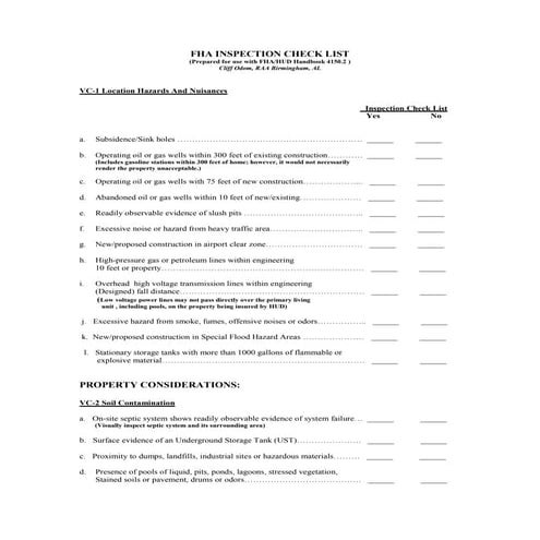 FHA INSPECTION CHECK LIST (Prepared for use with FHA/HUD Handbook 4150. ...