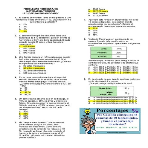 Ficha 1 Mates 3: PORCENTAJE | PDF
