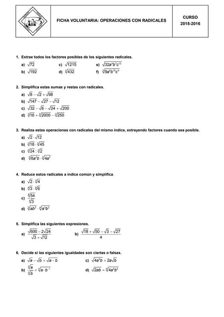 Hoja De Trabajo Para Simplificar Expresiones Radicales Con Variables
