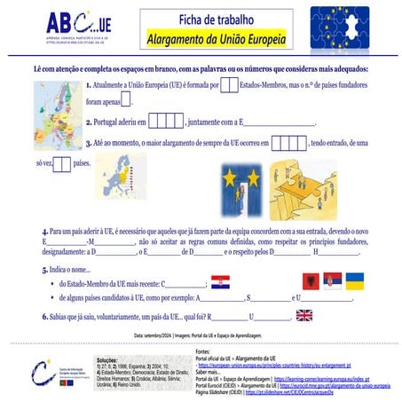 Ficha de trabalho | Alargamento da União Europeia (set/2024) | PDF