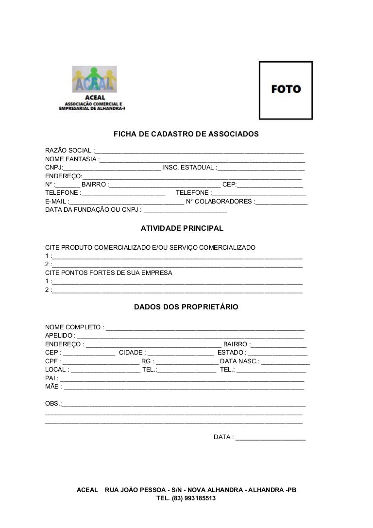 Ficha de cadastro de associados aceal