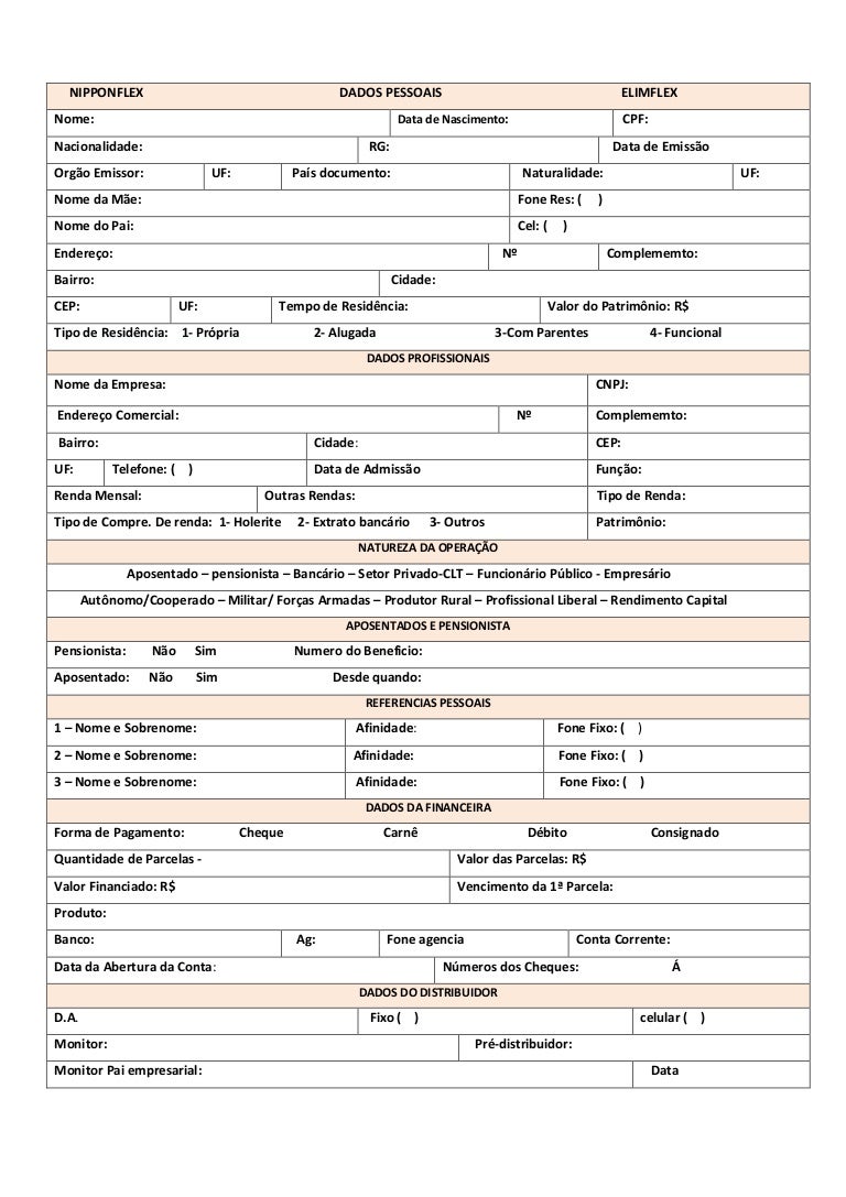 Ficha de cadastro padrão modelo 1