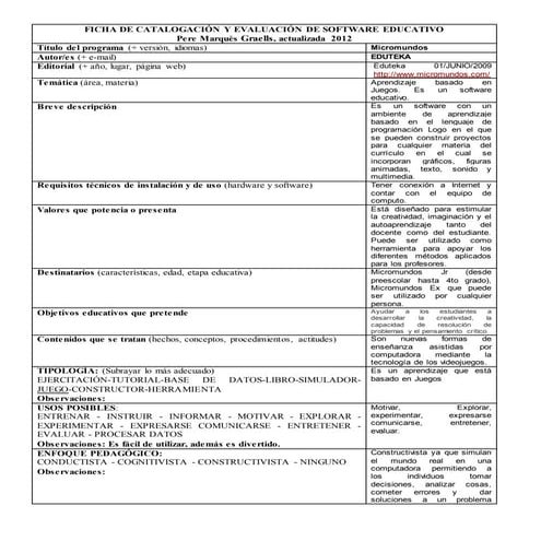 Ficha de catalogación y evaluación de software educativo (4) | DOCX ...