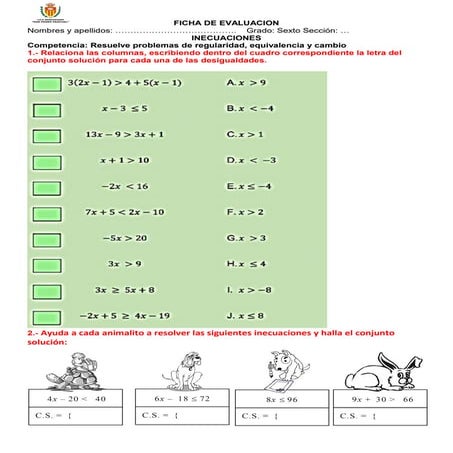 Hoja De Trabajo De Desigualdades Para Sexto Grado