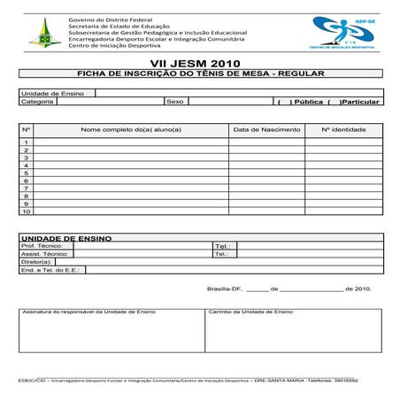 Ficha de inscrição tênis de mesa jesm_2010 | DOC
