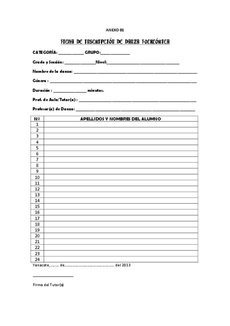 Plantilla De Hoja De Registro Para Zumba