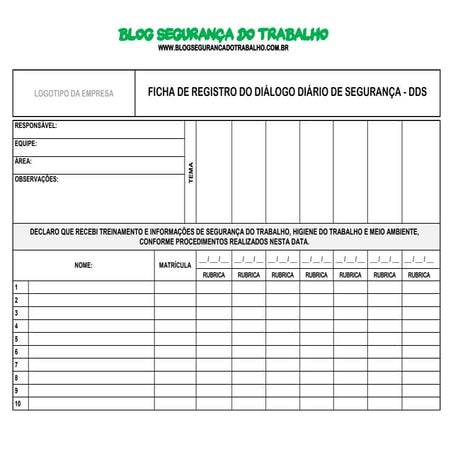 Modelo ficha de registro do diálogo diário de segurança (dds) - blog ...