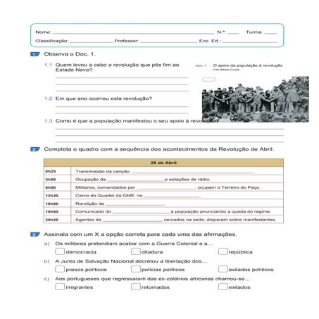Ficha de trabalho historia 6_ano_25_de_abril_e_o_regime_democratico | PDF
