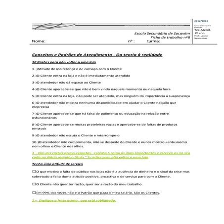 Ficha de trabalho nº10 exercicios atendimento - imagem | DOCX
