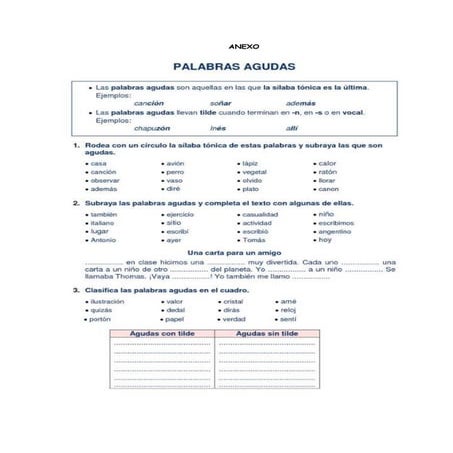 Ficha práctica sobre la tilde en palabras agudas. | PDF