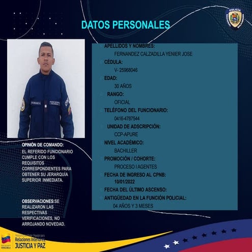 Perfil Profesional y Evaluación de Oficial Yenier Jose Fernandez ...