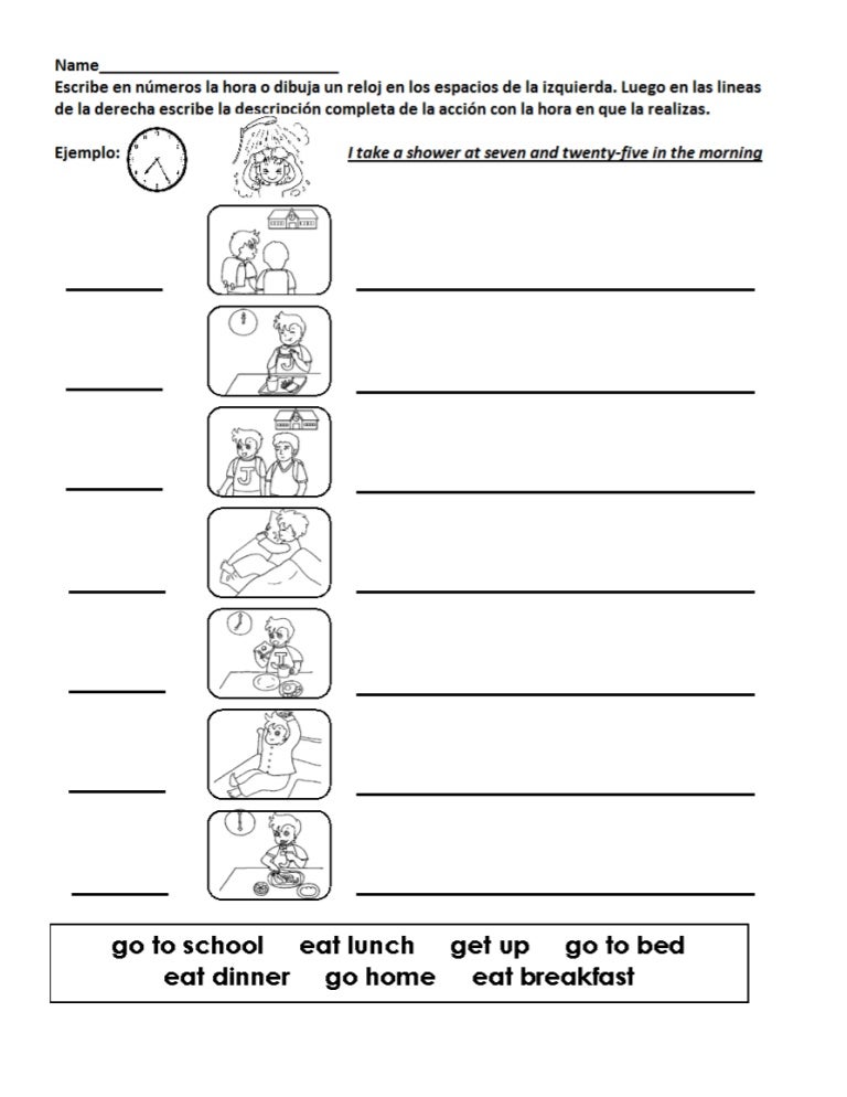 Ficha rutina y hora en inglés routine worksheet