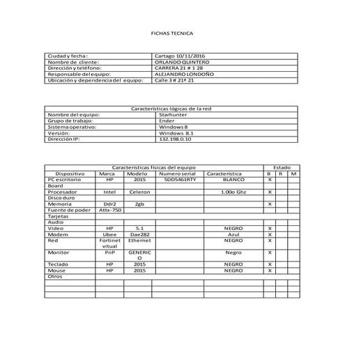 Ficha tecnica | DOCX | Computing | Technology & Computing