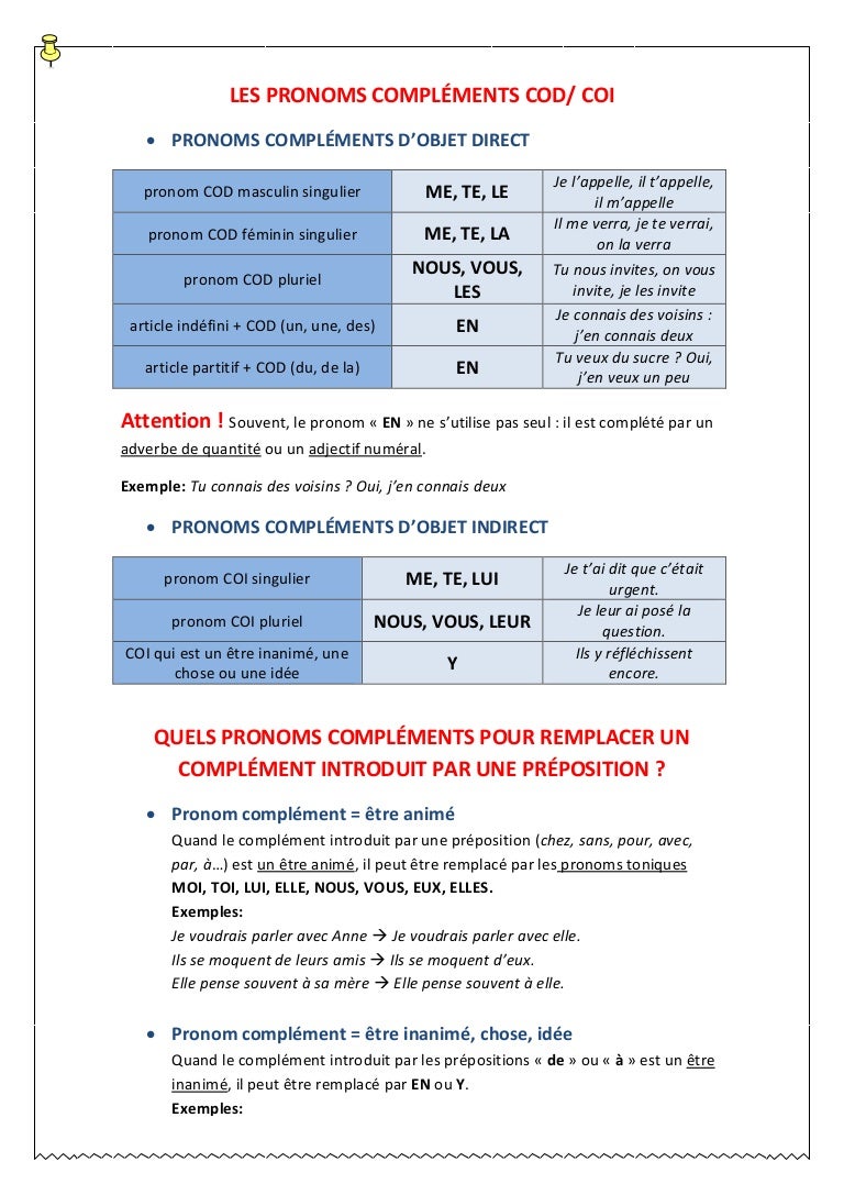 Fiche les pronoms cod- coi (B1)
