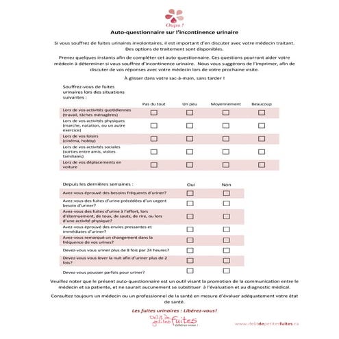 Auto-questionnaire sur l'incontinence urinaire_fr | PDF