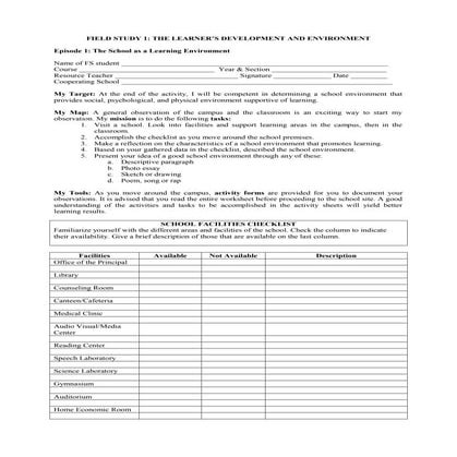 FIELD STUDY 1: THE LEARNER’S DEVELOPMENT AND ENVIRONMENT | DOC