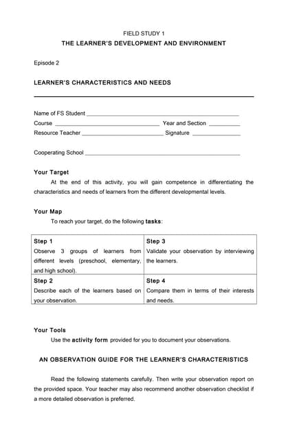 Field Study 1, Episode 2 "The Learners' Characteristics and Needs" | DOCX