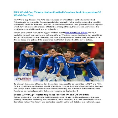 FIFA World Cup Tickets Italian Football Coaches Seek Suspension OF ...