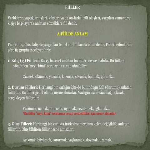 İlköğretim 8. Sınıf Tükçe Dersi Fiiller Konusu | PPTX