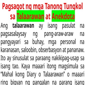 Pagsagot ng mga tanong tungkol sa talaarawan at anekdota | PPTX