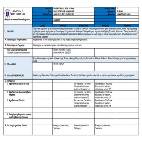FIL 7 DLL W1.docx 1 in filipino grade 7, | PPT
