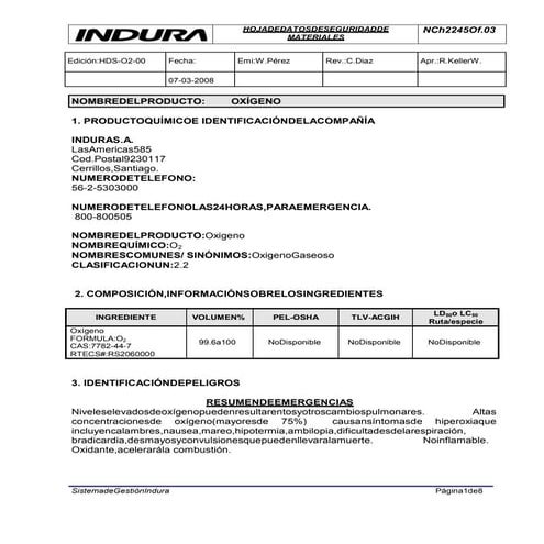 SDS OXIGENO, medidas de control y prevencion | PDF