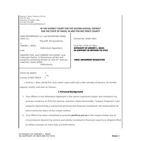 Affidavit of Jeremy L. Bass in Support of Motion to Stay Judgment ...