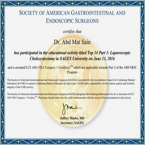 Laparoscopic Cholecystectomy CME Certificate | PDF