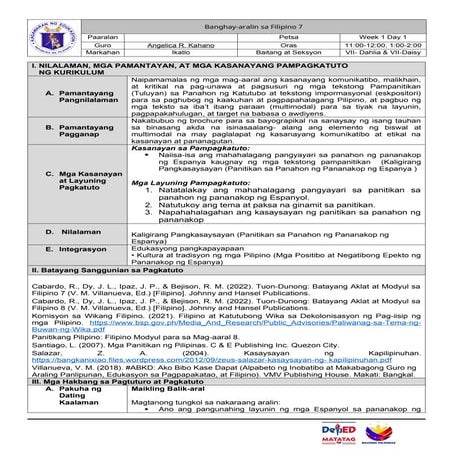 LESSON EXEMPLAR FILIPINO 7 - WEEK 1 - MATATAG CURRICULUM | PDF
