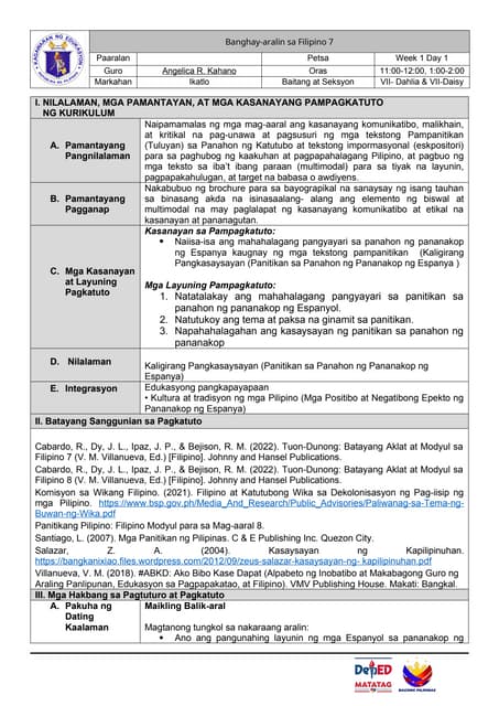 Banghay-aralin-sa-Filipino-7_MATATAG-Curriculum | PDF