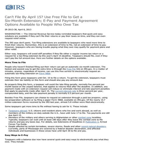 Filing for an extension IRS Source doc from 4-8-2013