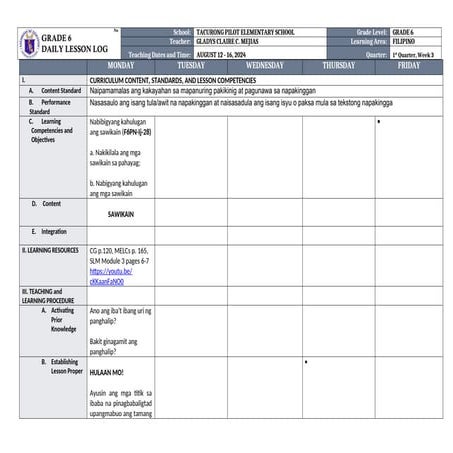FILIPINO-6MATATAG_DLL_Week 3 sample 2024 | PPT